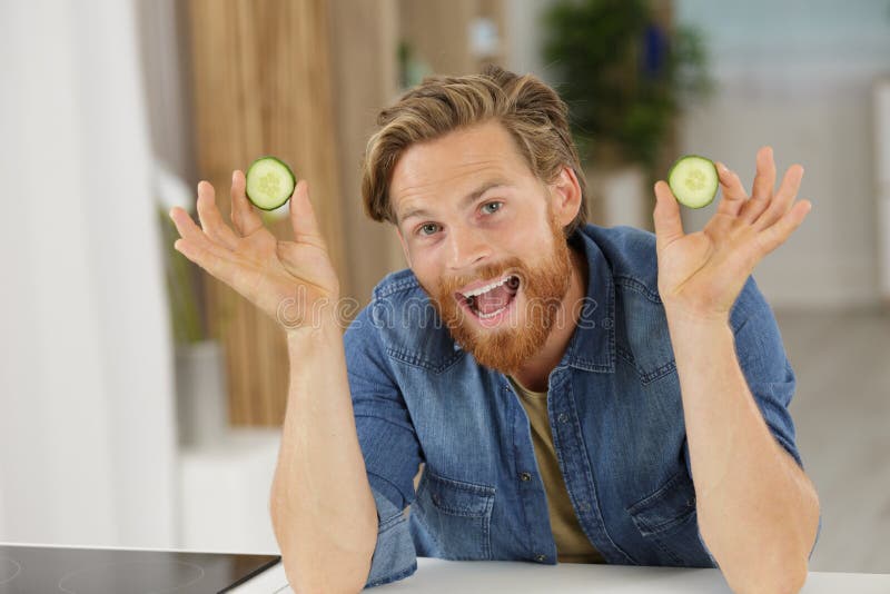 Happy Man Holds Cucumber in Front Camera Stock Image - Image of ...