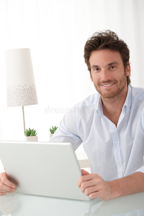 Happy Man at Home with Computer Stock Image - Image of lifestyle ...