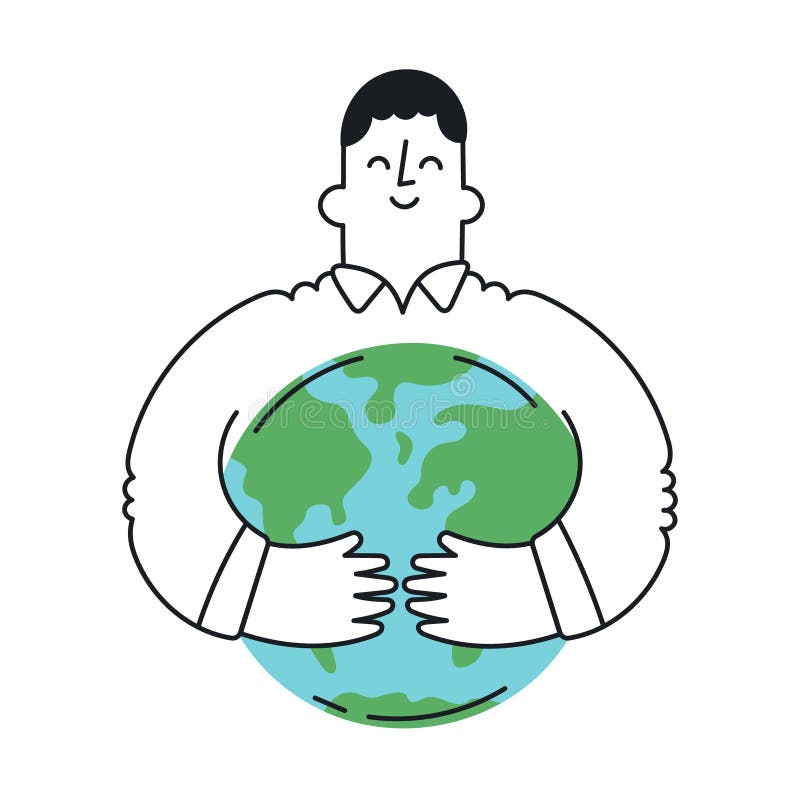 Happy Man Hugging Earth Planet. Outline, Linear, Thin Line, Doodle Art ...