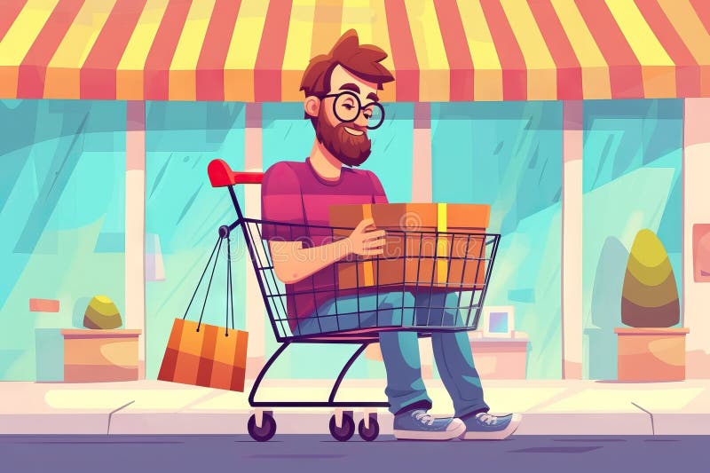 Happy Man Inside a Shopping Cart with a Big Package. Generative AI ...