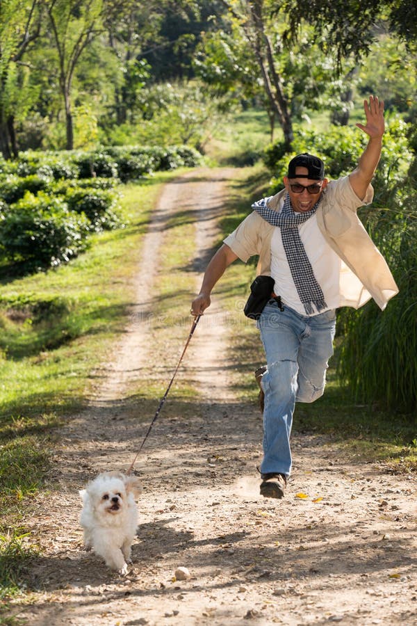 Happy man jogging with dog stock image. Image of relax - 70551765