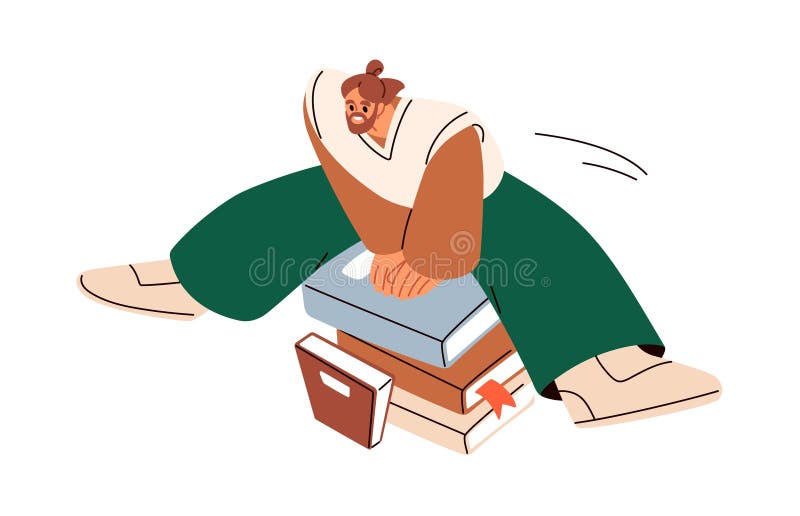 Happy Man Jumping Over Book Stack. Knowledge, Reading Challenge Concept ...