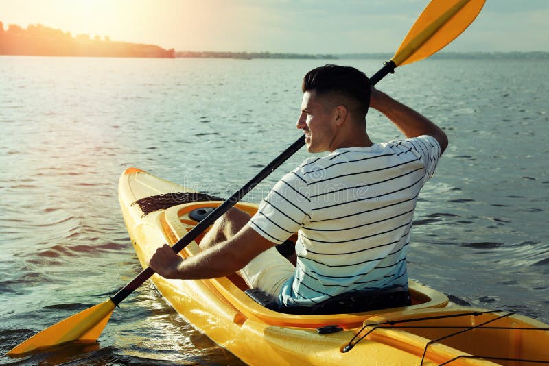 Happy Man Kayaking on River, Back View. Summer Activity Stock Photo ...
