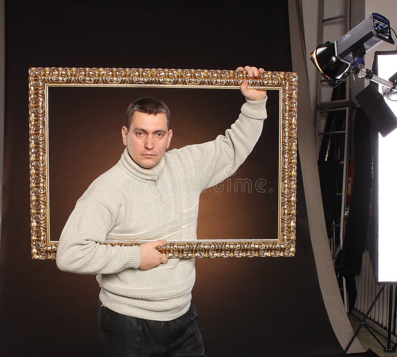 Happy Man Looking through Empty Frame Stock Photo - Image of cool ...