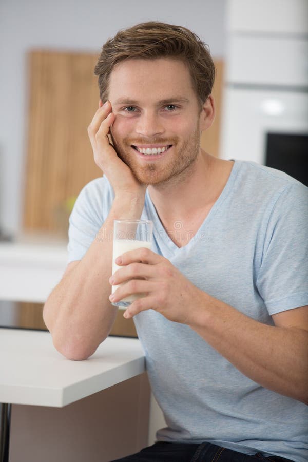 Happy Man in Morning Drinking Milk Stock Image - Image of beverage ...