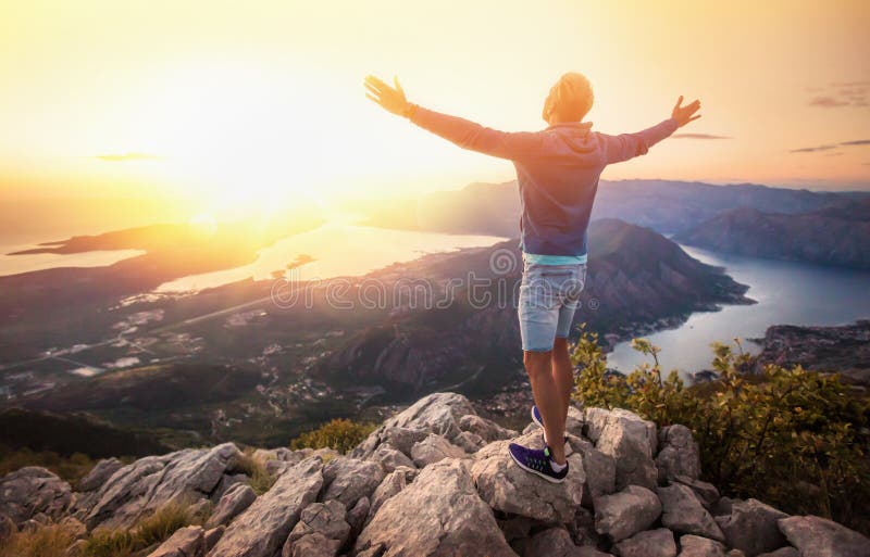 Happy Man in the Mountains Looking at the Sunset Stock Image - Image of ...