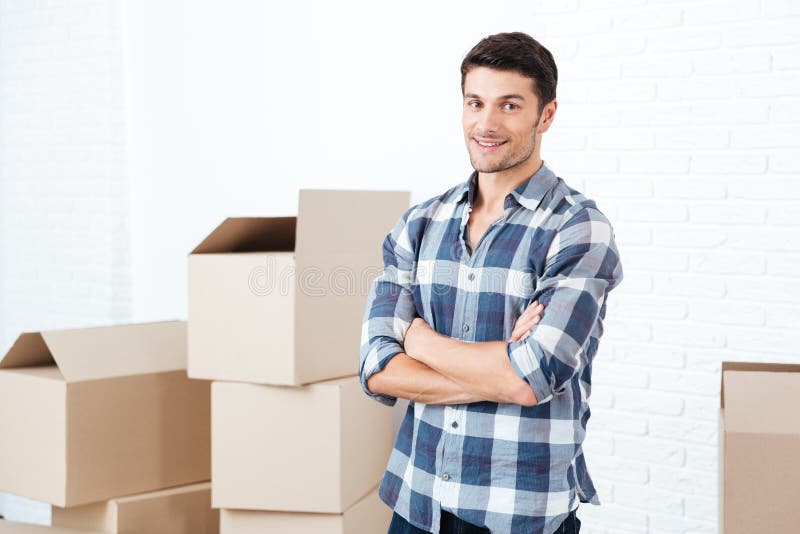 Happy Man Moving in Carrying Carton Boxes Stock Image - Image of ...
