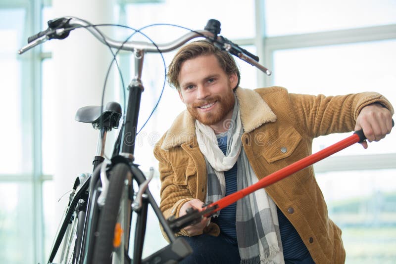 Happy Man Needs To Cut Bike Padlock Stock Photo - Image of pettycrime, chain: 258967978