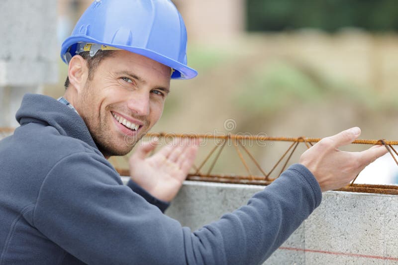 Happy Man Next To Building Construction Reinforced Concrete Structure ...