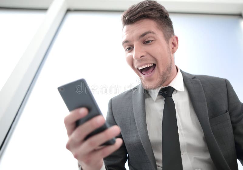 Happy man with phone stock photo. Image of computer - 151012192