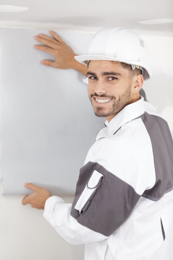 Happy man plastering stock photo. Image of ladder, concretewall - 259239062