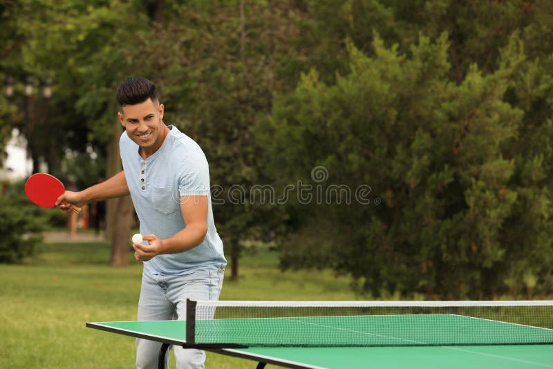 Happy Man Playing Ping Pong Outdoors on Summer Day Stock Image - Image ...