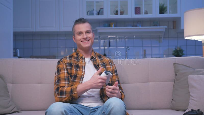 Happy Man Playing Video Console at Gamepad Joystick Controller and ...