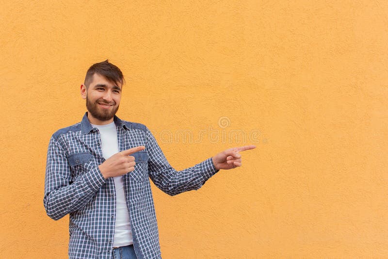 Happy Man Points His Hands To the Side Stock Photo - Image of gesturing ...