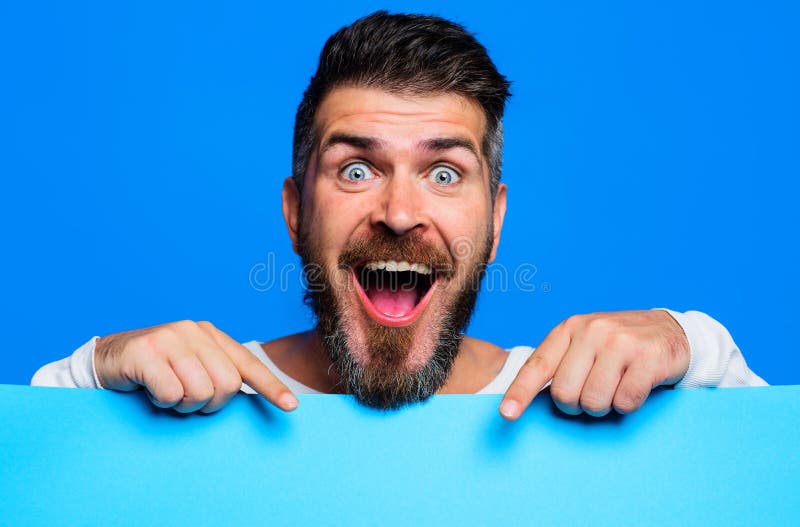 Happy Man Presenting Empty Advertising Banner. Bearded Guy Shows Blank ...