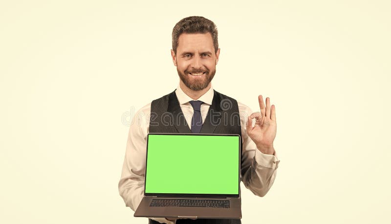 Happy Man Presenting Product of Pc with Green Screen for Copy Space ...