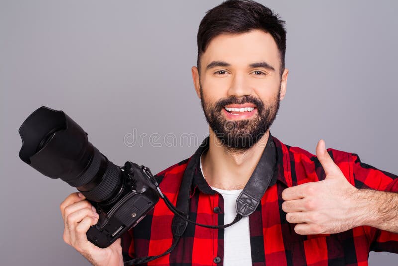 Happy Man with Professional Camera Showing Thumb Up Stock Image - Image ...