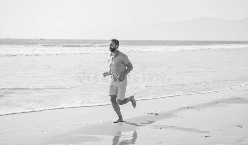 Happy Man Runner Running Barefoot on Summer Beach, Activity Stock Photo ...