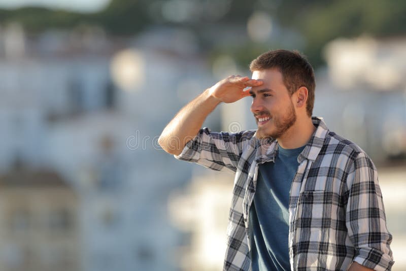 Happy Man Scouting Looking Forward in a Town Stock Photo - Image of ...