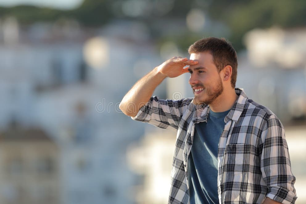 Happy Man Scouting Looking Forward in a Town Stock Photo - Image of ...