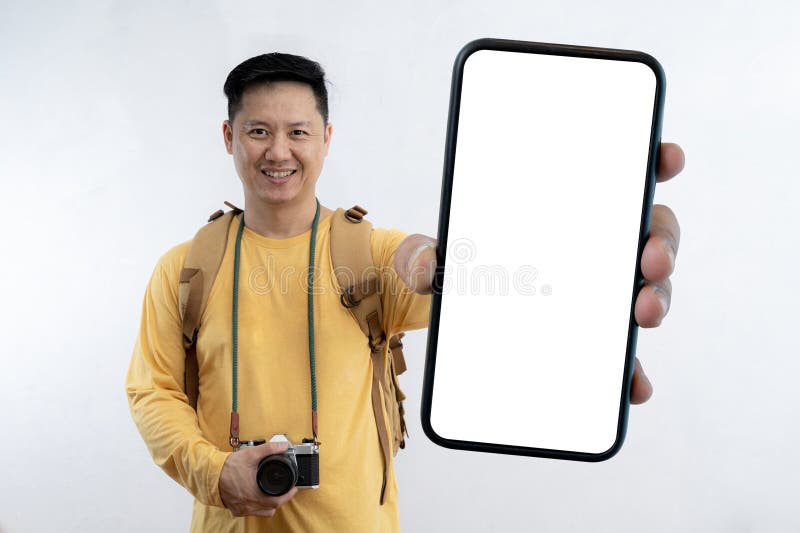 Happy Man Showing Large Smartphone Empty Screen, Wearing Backpack and ...