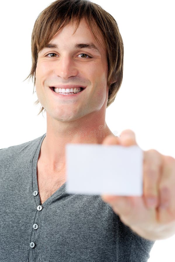 Happy Man Shows Empty Business Card Stock Image - Image of carefree ...