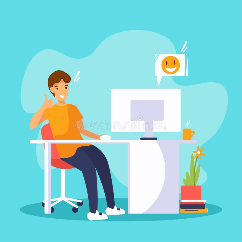 Happy Man Sitting at a Desk in Front of a Computer and Showing Thumb Up ...