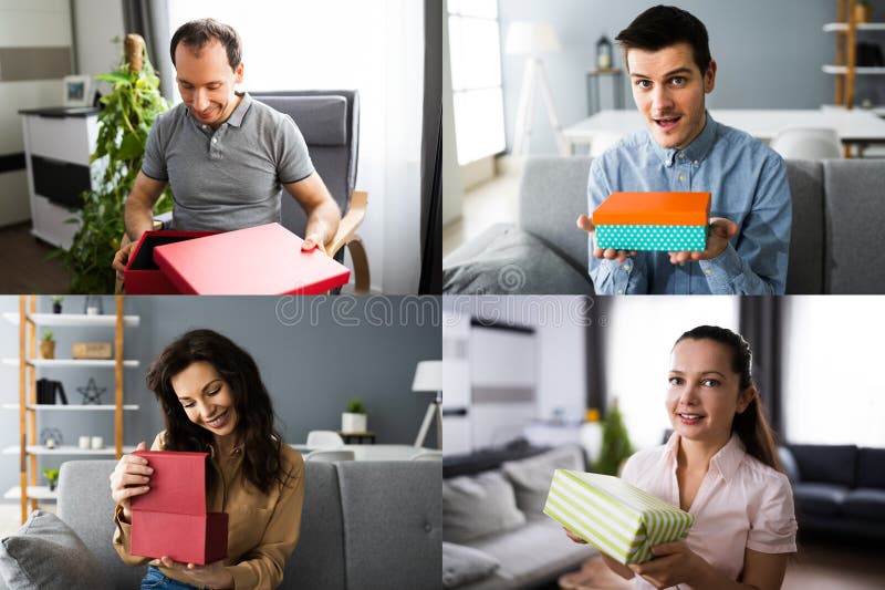 Happy People Receiving Gift Box Package Stock Image - Image of ...