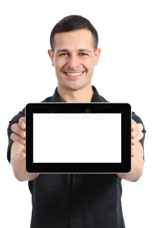 Happy Man Smiling Showing a Blank Tablet App Stock Photo - Image of ...
