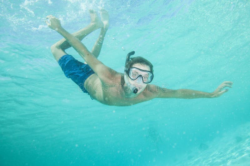 Happy Man with Snorkel and Mask in Ocean Stock Photo - Image of ocean ...
