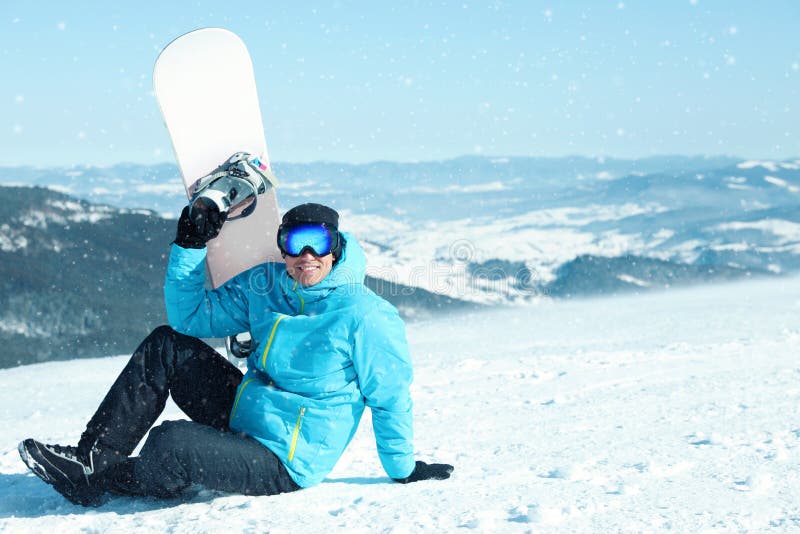 Happy Man with Snowboard in Mountains. Winter Stock Image - Image of ...