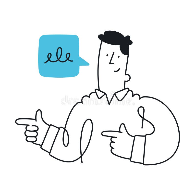 Happy Man with Speech Bubble, Pointing Aside with Fingers. Outline ...