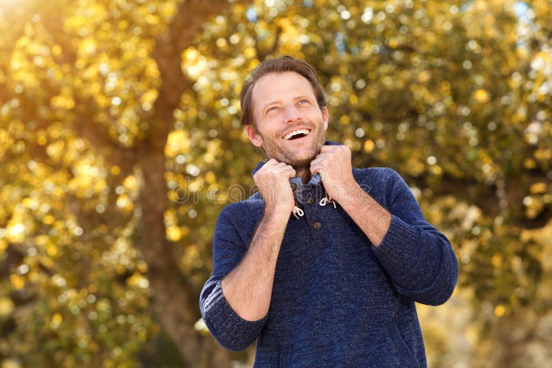Happy Man Standing Outside in Fall Season Stock Image - Image of bright ...