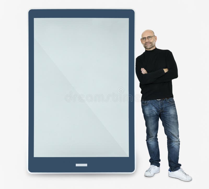 Happy Man Standing beside a Tablet Stock Photo - Image of communication ...