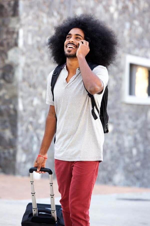 Happy Man with Suitcase on Telephone Call Outside Stock Image - Image ...