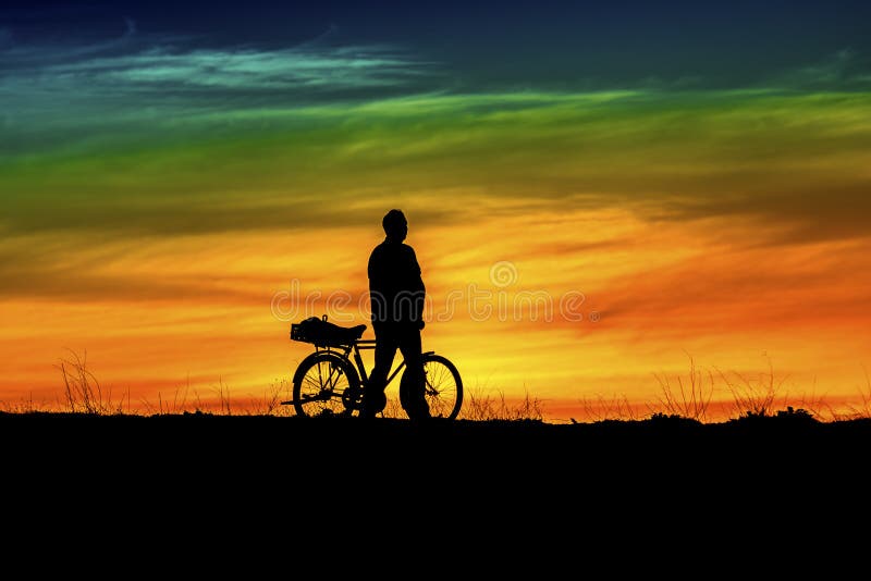 Happy Man Sunset and Bicycle Stock Photo - Image of excited, climber ...