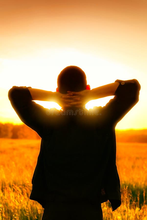 Happy Man at Sunset Silhouette Stock Photo - Image of effect, idyllic ...