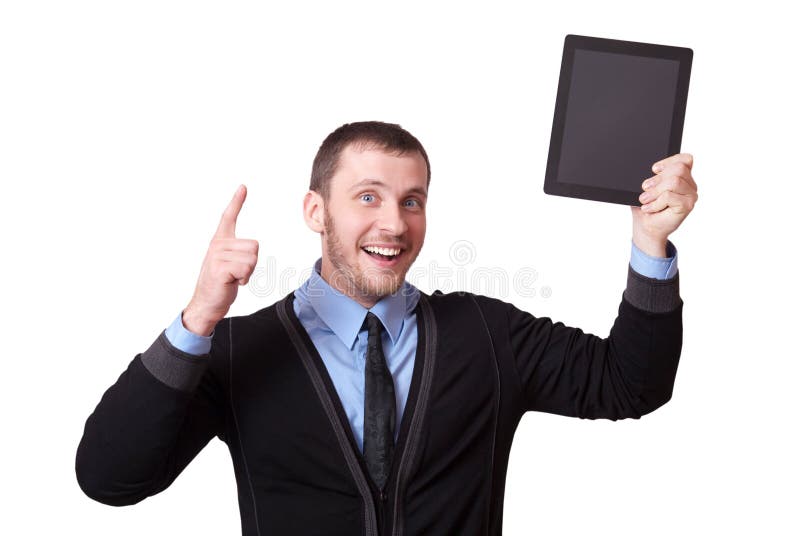 Happy Man with a Tablet in His Hand and Raised Stock Image - Image of ...