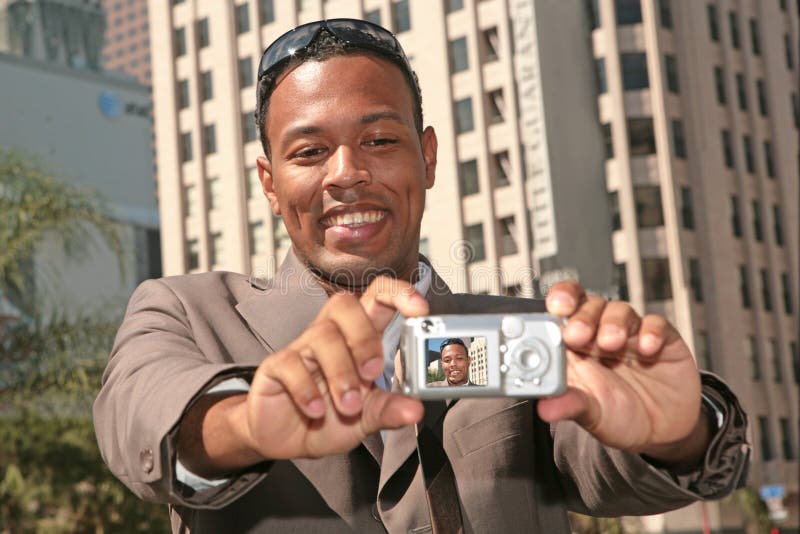 Happy Man Taking His Self Portrait with a Pocket C Stock Photo - Image ...