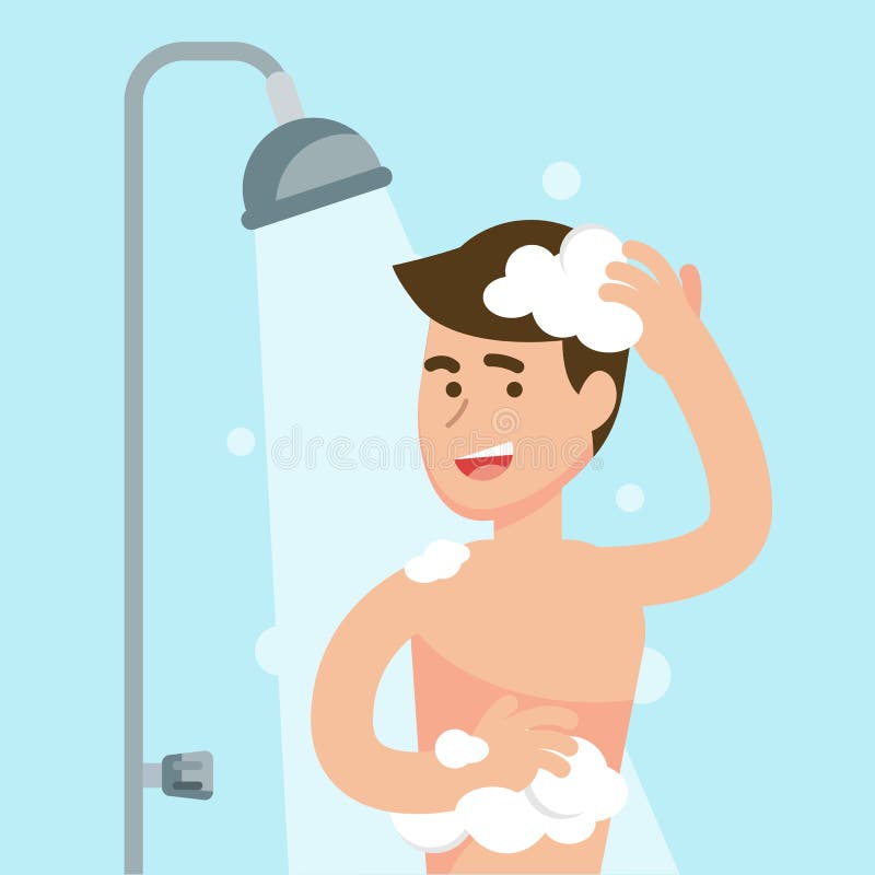 Happy Man Taking Shower In Bathroom Concept Flat Vector Illustration