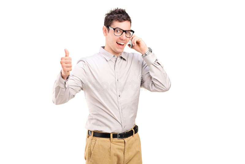Happy Man Talking on Phone and Giving Thumb Up Stock Image - Image of ...