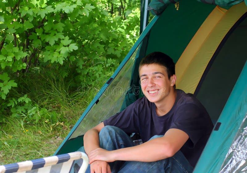 Happy Man in the Tent stock image. Image of young, thicket - 301583177