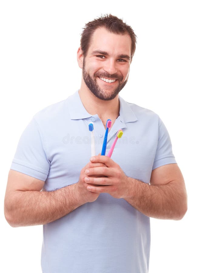 Happy Man with Toothbrushes Stock Photo - Image of morning, isolated ...