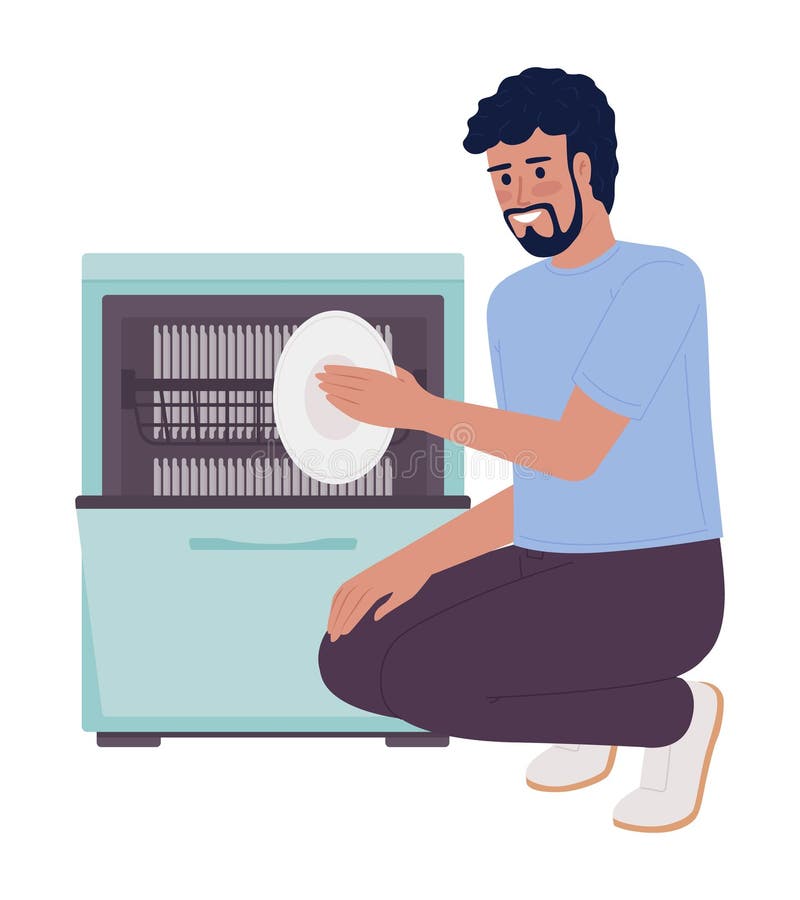 Happy Man Unloading Dishwasher Machine Semi Flat Color Vector Character ...