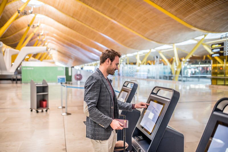 Happy Man Using Check Machine Airport Getting Boarding Pass Stock ...