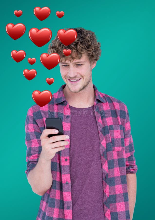 Happy Man Using Mobile Phone Digitally Generated Hearts Stock Photos ...