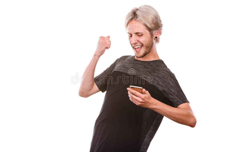 Happy Man Using Mobile Phone Read Message Stock Image - Image of ...