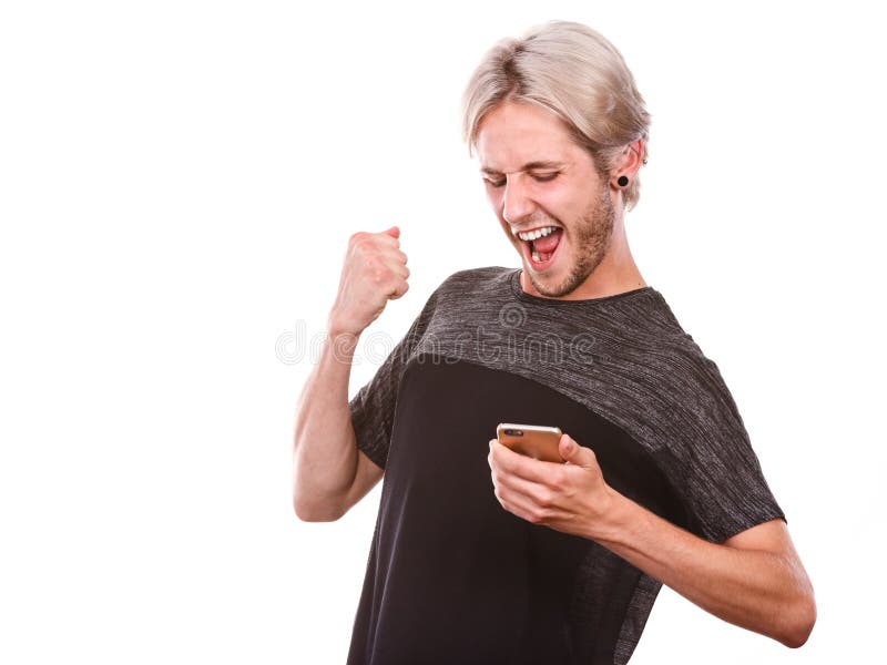 Happy Man Using Mobile Phone Read Message Stock Photo - Image of good ...