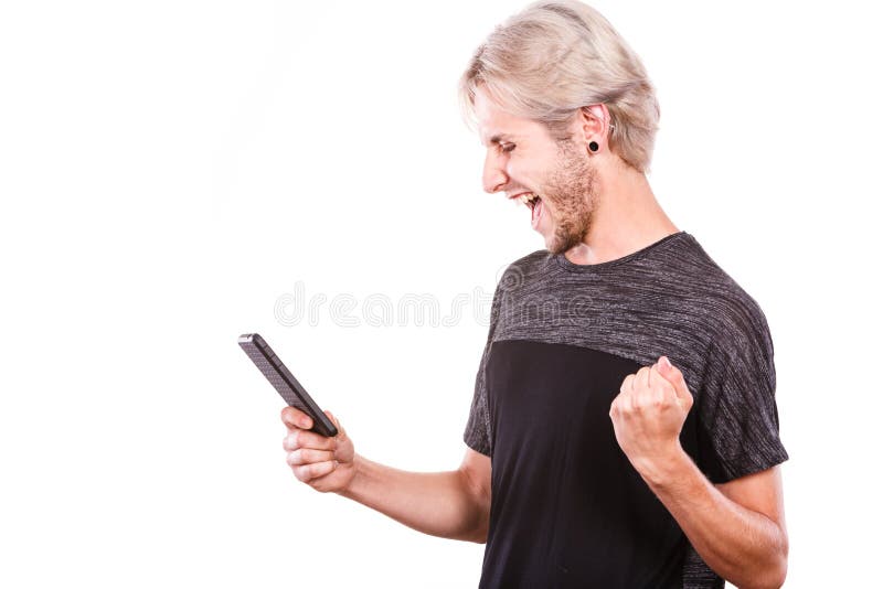 Happy Man Using Mobile Phone Read Message Stock Image - Image of ...