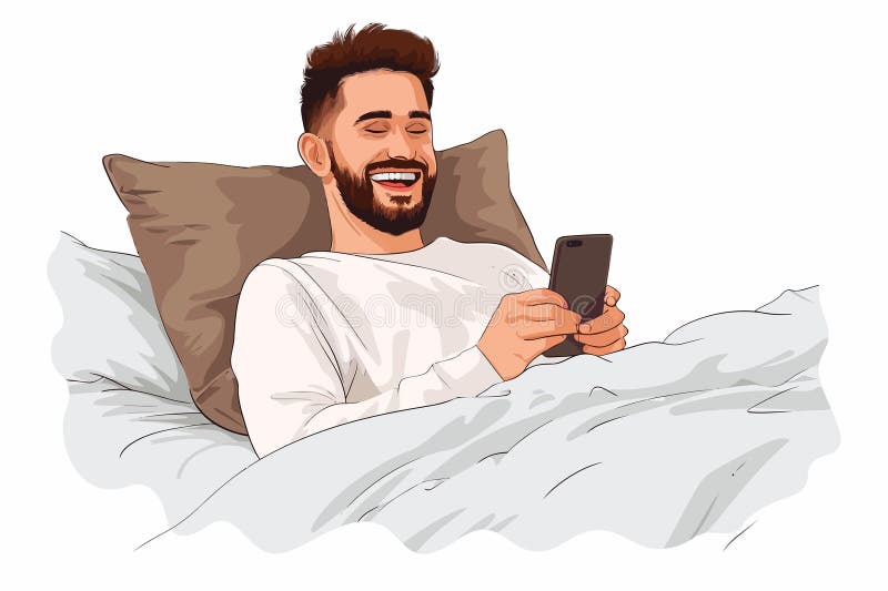 Happy Man Using Phone in Bed Texting Isolated Stock Vector ...